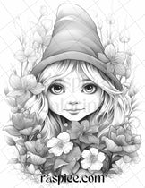 50 Flower Gnomes Grayscale Coloring Pages Printable for Adults Kids, P ...
