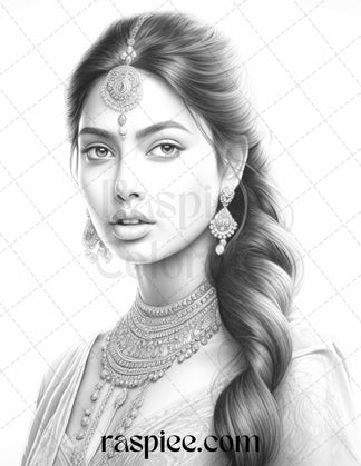 50 Beautiful Indian Women Grayscale Coloring Pages for Adults, Printab ...