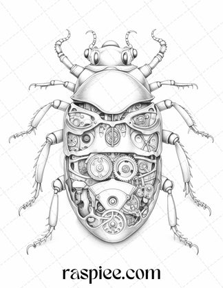 42 Steampunk Bugs Grayscale Coloring Pages Printable for Adults, PDF F ...