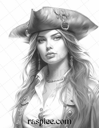 60 Pirate Life Grayscale Coloring Pages Printable for Adults, Stress R ...