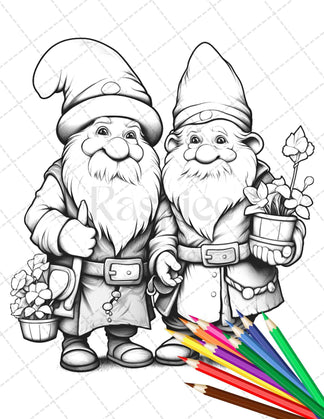 33 Gnome Love Coloring Pages Printable for Adults, Grayscale Coloring ...