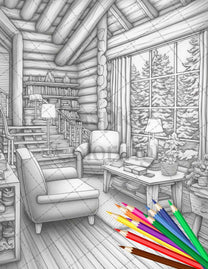 Cozy Cabin Interior Grayscale Coloring Pages Printable for Adults, PDF ...