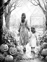 40 Vintage Halloween Trick or Treat Grayscale Coloring Pages Printable ...