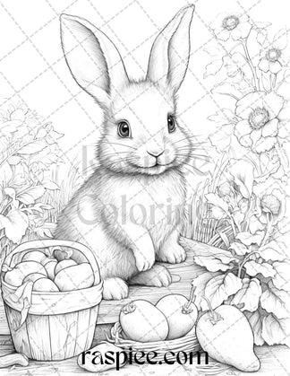 50 Rabbit Garden Grayscale Coloring Pages Printable for Adults, PDF Fi ...