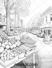 Autumn Street Markets Grayscale Coloring Pages for Adults, Printable P ...