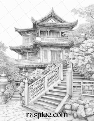 40 Traditional Chinese Houses Grayscale Coloring Pages Printable for A ...
