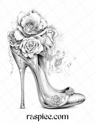 40 Flower Wedding Shoes Grayscale Coloring Pages Printable for Adults ...