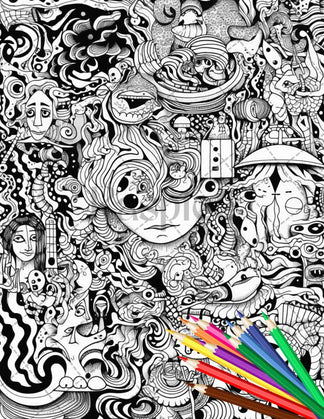 Psychedelic Trippy Coloring Book Printable for Adults, Grayscale Color ...