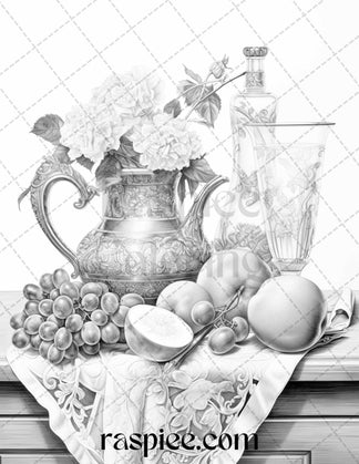 52 Still Life Grayscale Coloring Pages Printable for Adults, PDF File ...