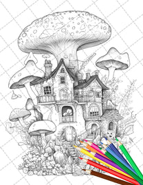 32 Whimsical Mushroom House Coloring Pages for Adults, Grayscale Color ...