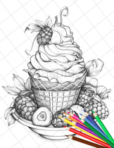 36 Sweet Desserts Coloring Pages Printable for Adults, Grayscale Color ...