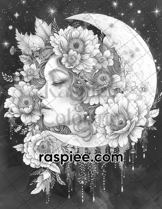 60 Boho Moon Floral Grayscale Adult Coloring Pages Printable PDF Insta ...