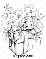 40 Flower Gift Box Grayscale Coloring Pages Printable for Adults Kids ...