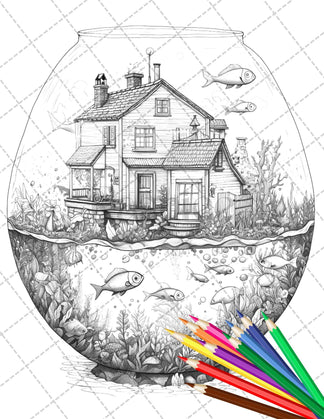 34 Fishtank Houses Coloring Book for Adults, Grayscale Coloring Page ...