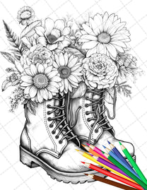 32 Flower Boots Coloring Pages Printable for Adults, Floral Grayscale ...