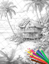 Beautiful Tropical Beach Grayscale Coloring Pages Printable for Adults ...
