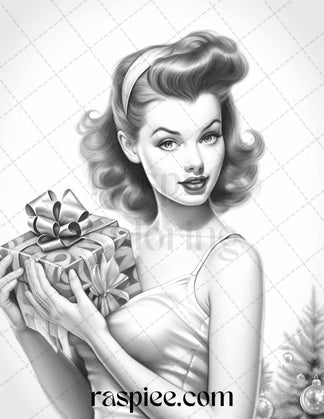55 Vintage Christmas Pin Up Girls Grayscale Coloring Pages for Adults ...