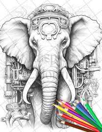 60 Steampunk Animals Grayscale Coloring Pages Printable for Adults, PD ...