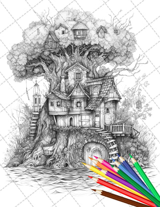 30 Fantasy Fairy Houses Coloring Page Book, Printable Adult Coloring P ...