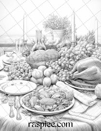 Thanksgiving Dinner Grayscale Coloring Pages for Adults, Relaxing Fall ...