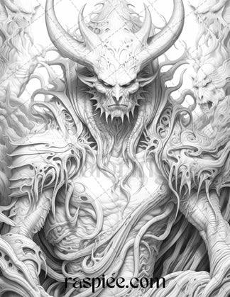 43 Fantasy Demons Grayscale Coloring Pages for Adults, Printable PDF F ...