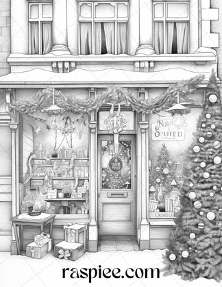 Christmas Store Front Grayscale Coloring Pages for Adults, PDF Printab ...