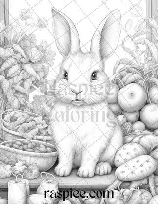 50 Rabbit Garden Grayscale Coloring Pages Printable for Adults, PDF Fi ...