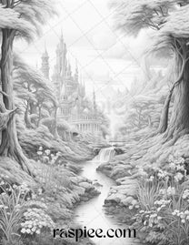 40 Fantasy Landscapes Grayscale Coloring Pages Printable for Adults, P ...