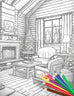 Cozy Cabin Interior Grayscale Coloring Pages Printable for Adults, PDF ...