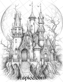 50 Haunted Castles Grayscale Coloring Pages Printable, Halloween Color ...