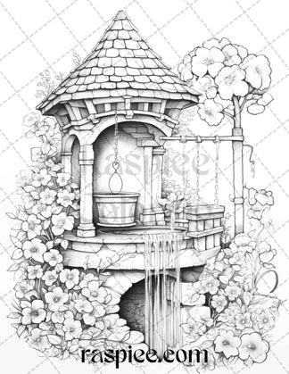 40 Whimsical Wishing Wells Grayscale Coloring Pages Printable for Adul ...