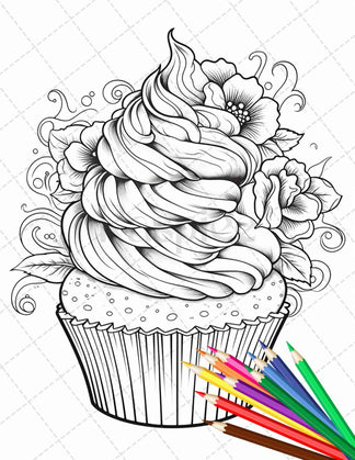 36 Sweet Desserts Coloring Pages Printable for Adults, Grayscale Color ...