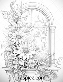 50 Blooming Windows Grayscale Coloring Pages Printable for Adults, PDF ...