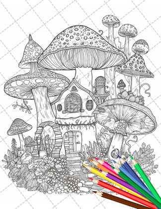32 Whimsical Mushroom House Coloring Pages for Adults, Grayscale Color ...