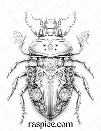 42 Steampunk Bugs Grayscale Coloring Pages Printable for Adults, PDF F ...