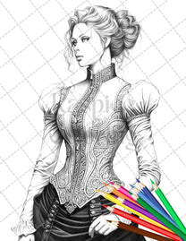 50 Victorian Fashion Grayscale Coloring Pages Printable for Adults, PD ...