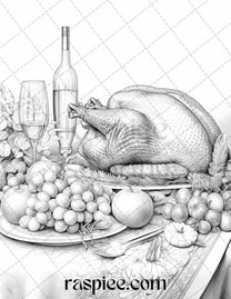Thanksgiving Dinner Grayscale Coloring Pages for Adults, Relaxing Fall ...