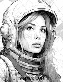 50 Astronaut Girl Portrait Grayscale Coloring Pages Printable for Adul ...