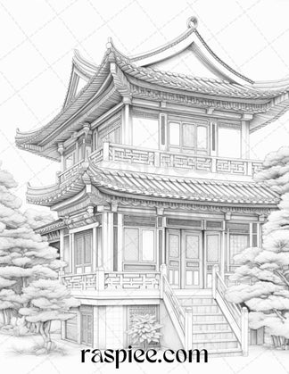 40 Traditional Chinese Houses Grayscale Coloring Pages Printable for A ...