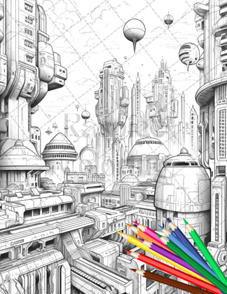 50 Futuristic Metropolis Grayscale Coloring Pages Printable for Adults ...
