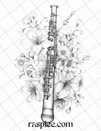 30 Musical Instrument Flower Grayscale Coloring Pages Printable for Ad ...