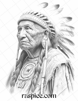 Native American Portrait Grayscale Coloring Pages Printable for Adults ...
