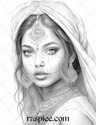 50 Beautiful Indian Women Grayscale Coloring Pages for Adults, Printab ...