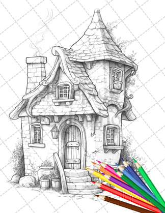 40 Stone Cottage Houses Grayscale Coloring Pages Printable for Adults ...