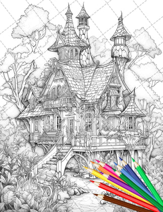 30 Fantasy Fairy Houses Coloring Page Book, Printable Adult Coloring P ...