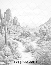 40 Desert Landscapes Grayscale Coloring Pages Printable for Adults, PD ...