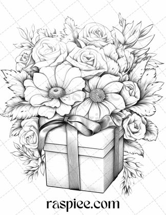 40 Flower Gift Box Grayscale Coloring Pages Printable for Adults Kids ...