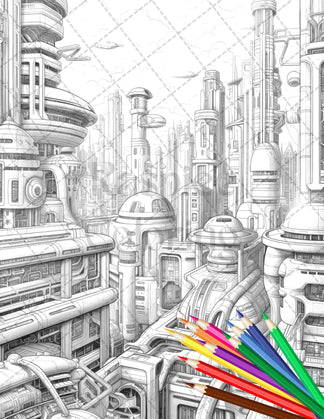 50 Futuristic Metropolis Grayscale Coloring Pages Printable for Adults ...