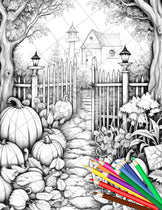Pumpkin Garden Scenery Grayscale Coloring Pages Printable for Adults ...