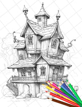 32 Spooky Houses Coloring Pages Printable for Adults, Grayscale Colori ...